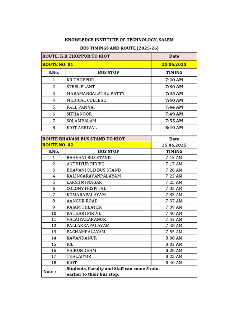 Kiot Bus Stop & Timing 2025-26 | PDF | Transport Infrastructure | Land Transport