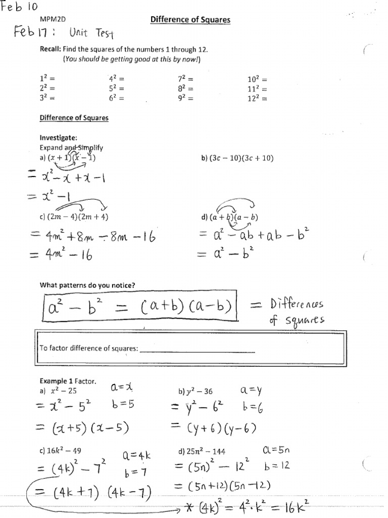 Unit 1 Lesson 6 Differences of Square Feb 10 Mpm2d | PDF