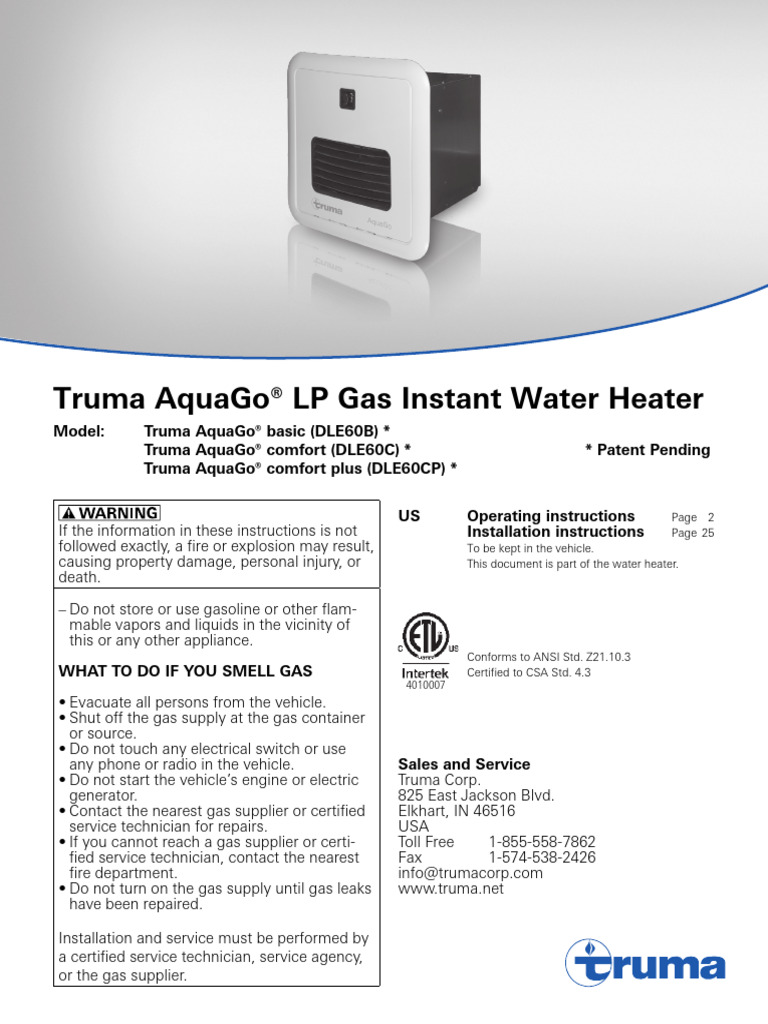 Truma - Water Heater Model AquaGo Basic, Comfort, Comfort Plus ...