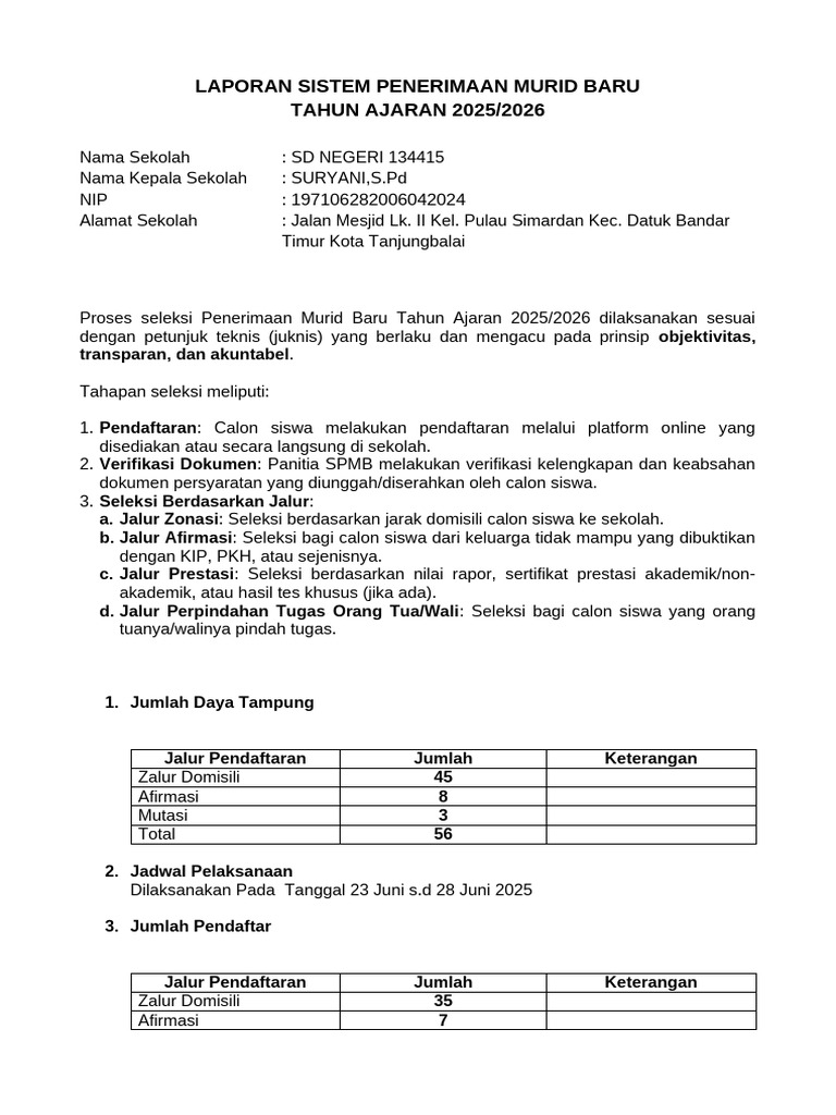 Laporan SPMB SD 2025/2026 | PDF