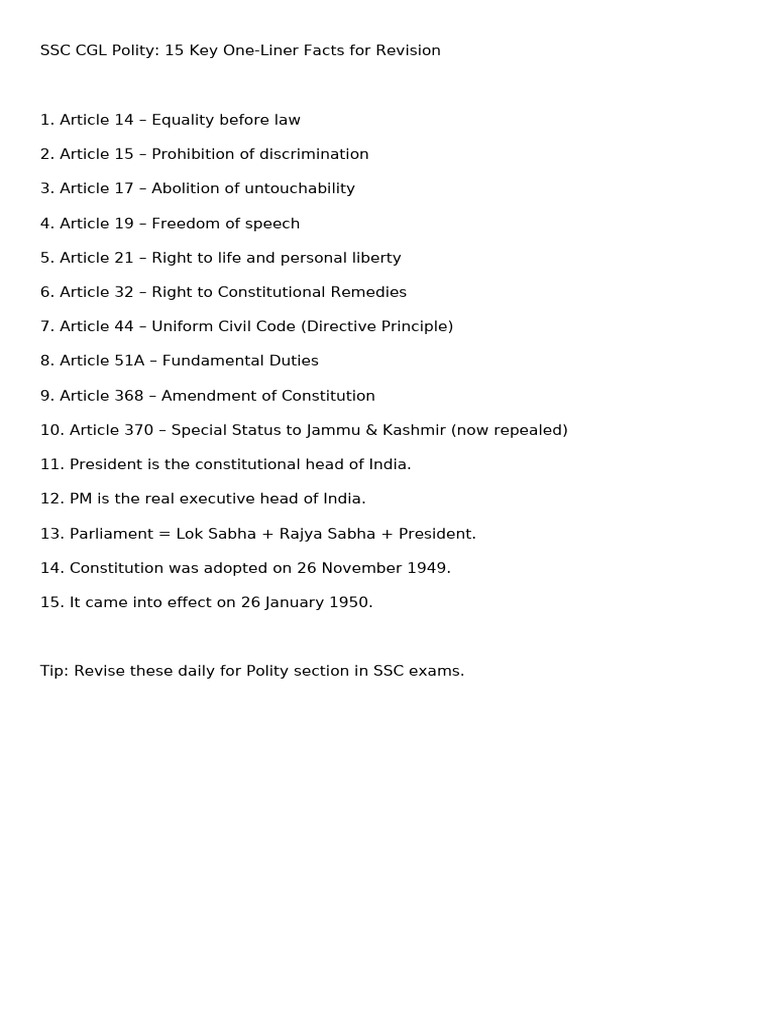 SSC CGL Polity One-Liners for Revision | PDF