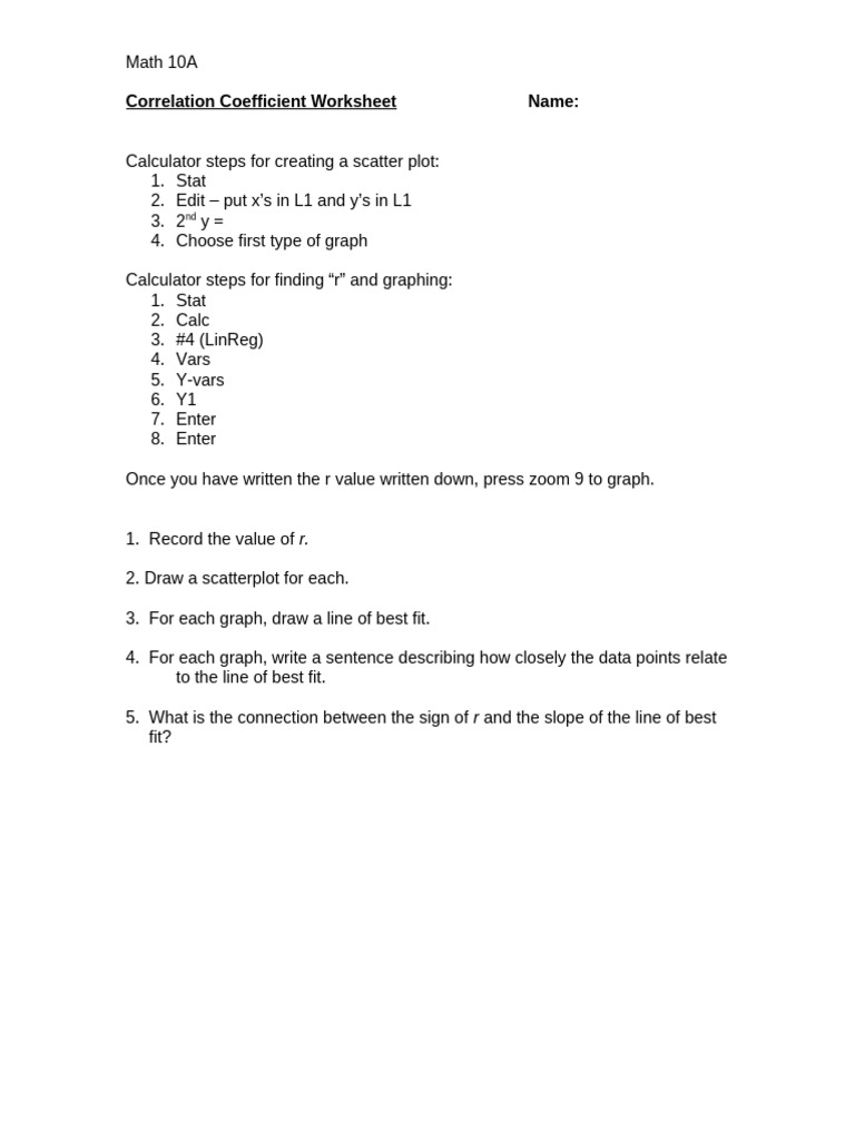 Correlation Coefficient Worksheet | PDF