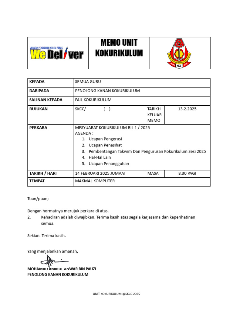Memo Unit Kokurikulum | PDF