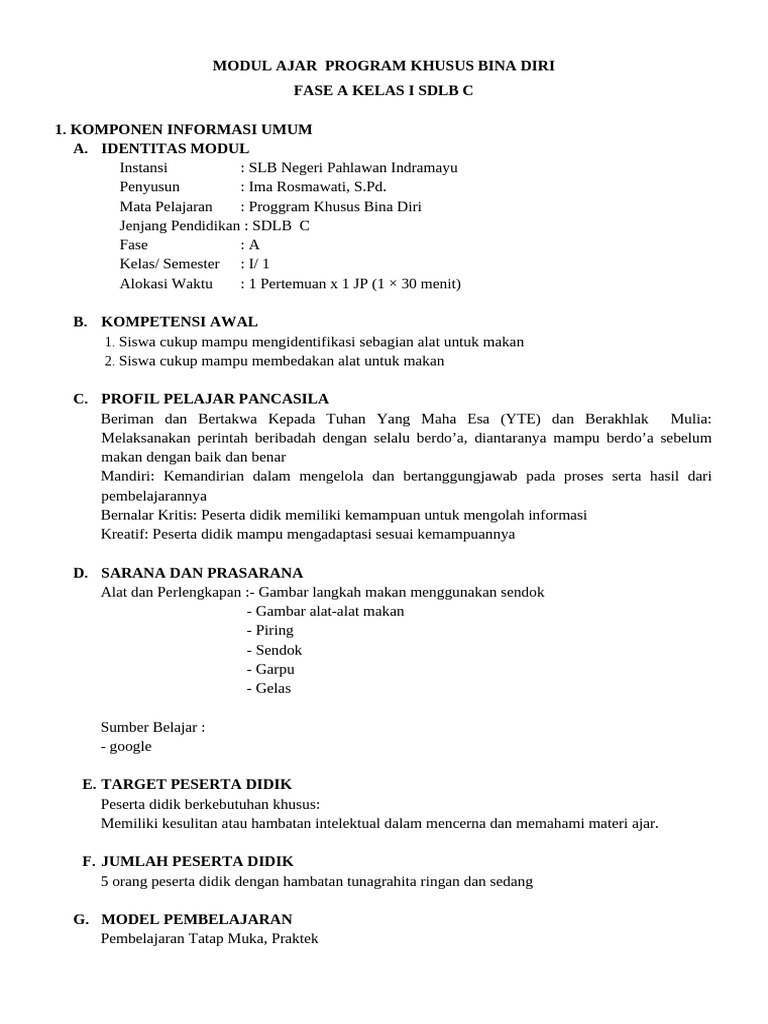 Modul Ajar Bina Diri Kelas I SDLB C | PDF