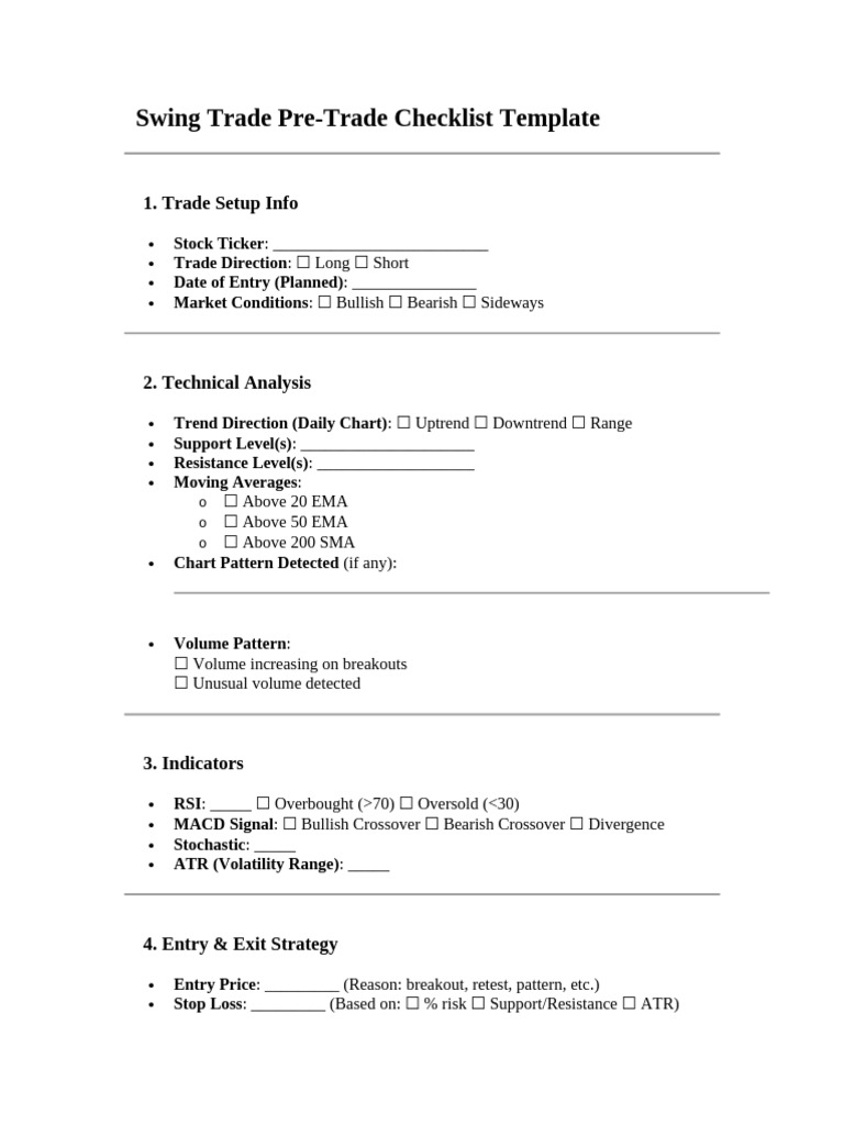 Swing Trading Pre-Trade Checklist Template | PDF