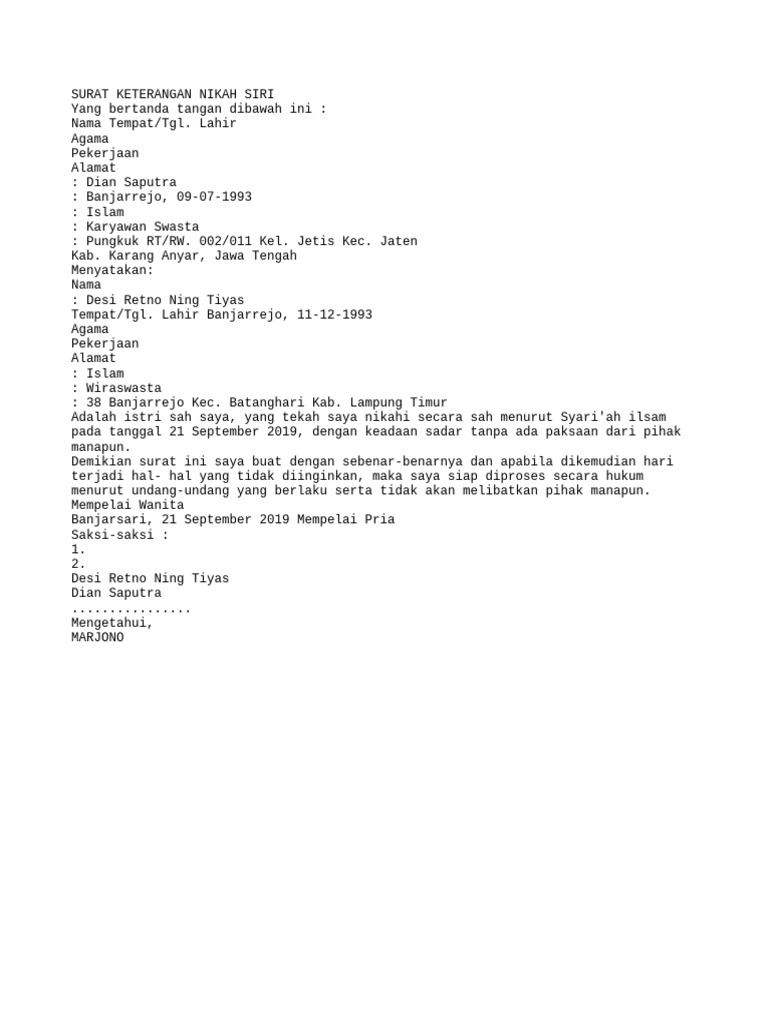 Surat Keterangan Nikah Siri Dian Saputra Dan Desi | PDF