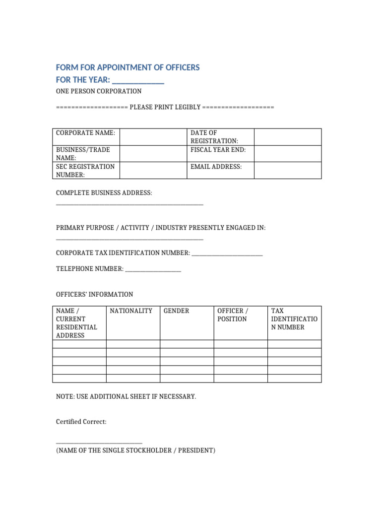 OPC Appointment of Officers Template | PDF