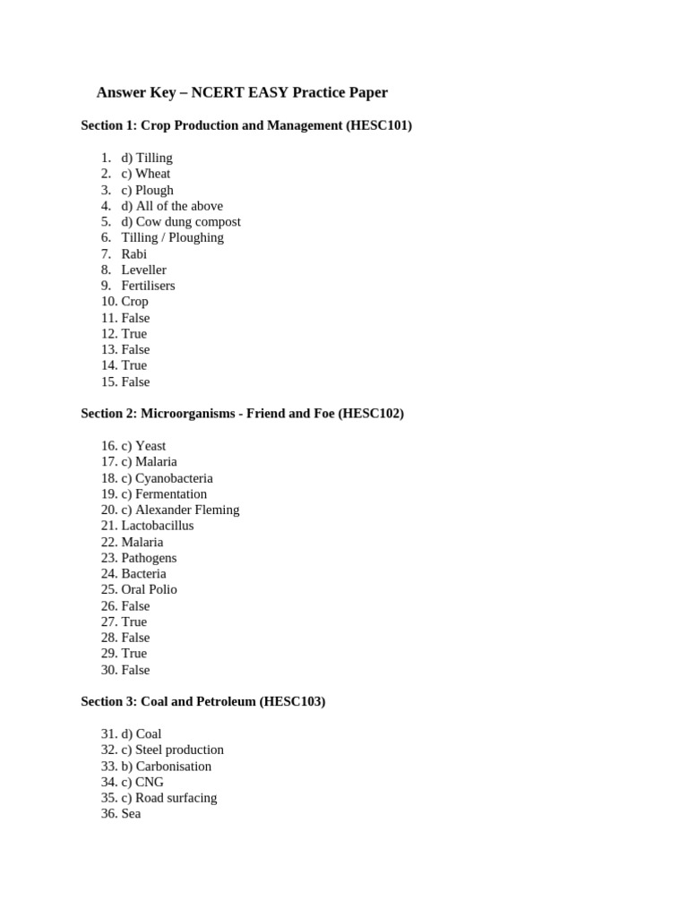 NCERT Easy Practice Paper Answer Key | PDF