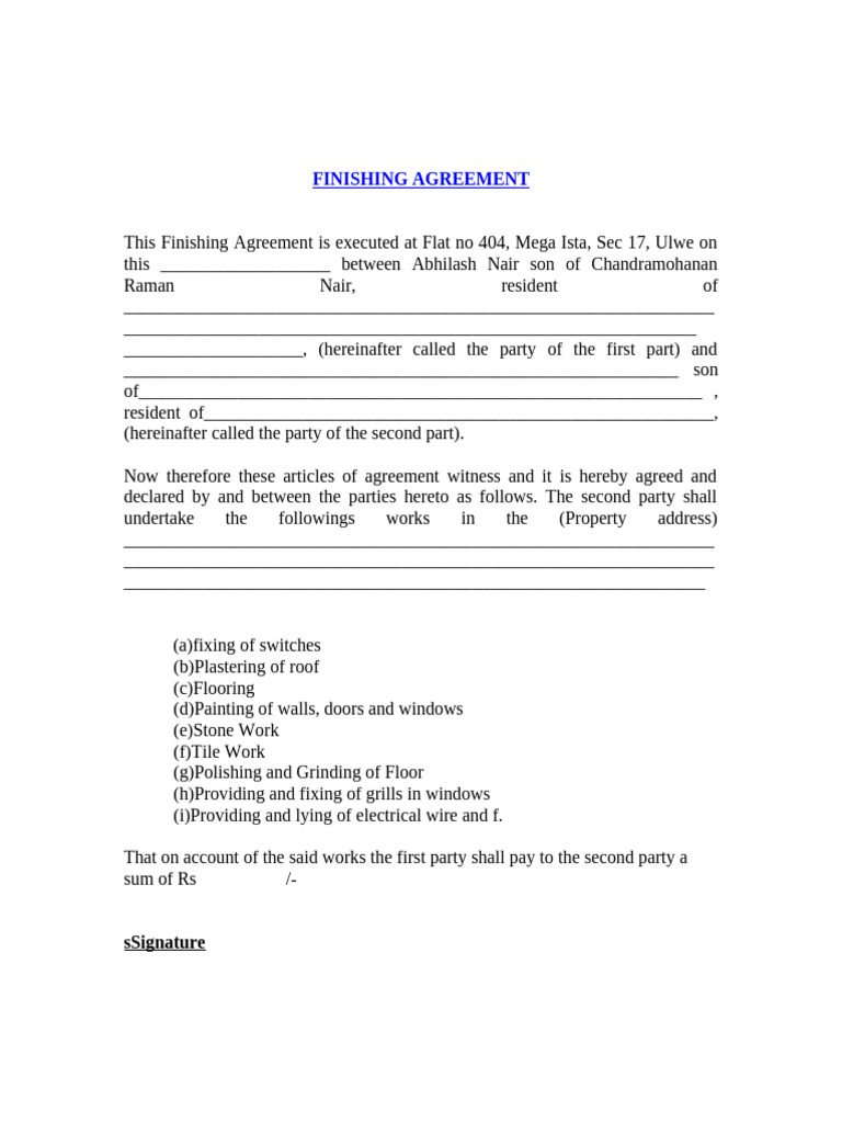 Finishing Agreement for Residential Work | PDF