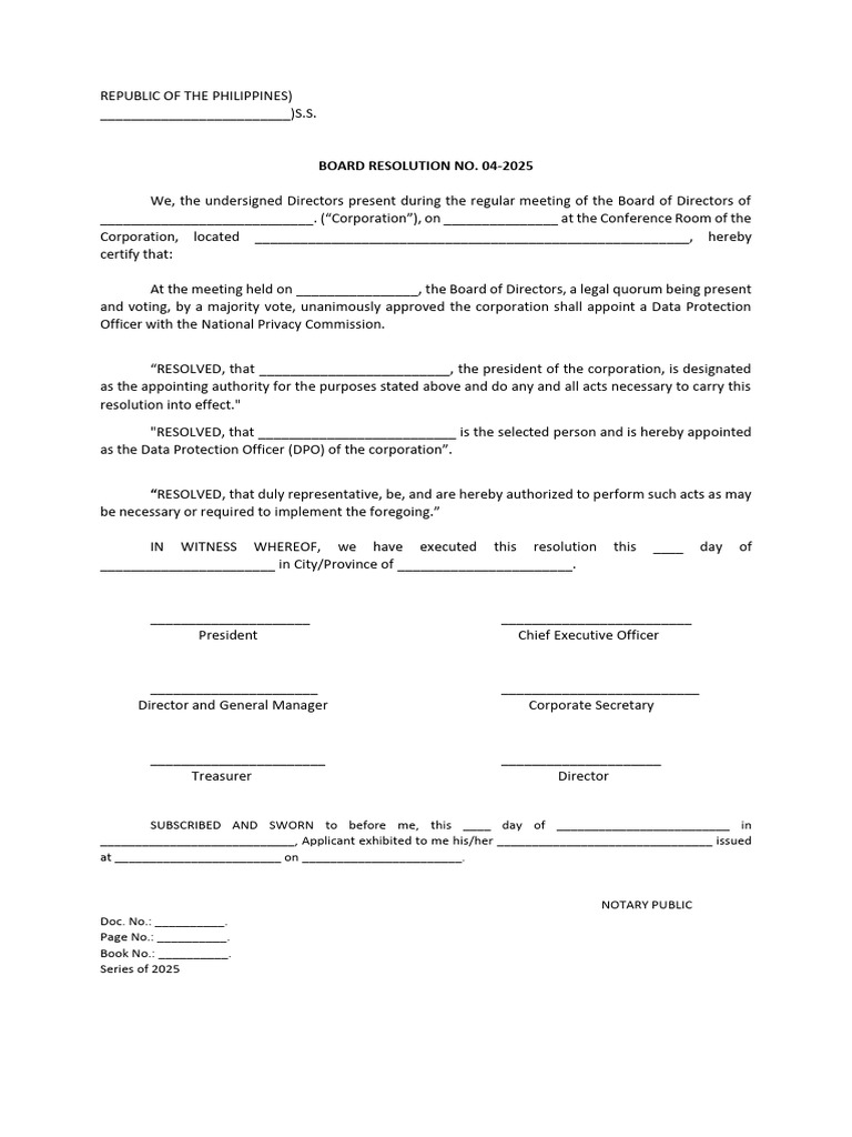 Board Resolution For DPO-DPS-NPC | PDF