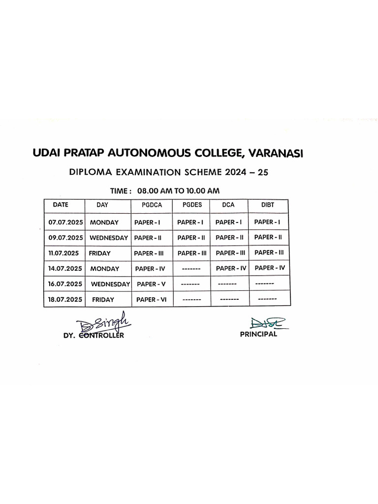 Time Table of Diploma Examination 2025 | PDF
