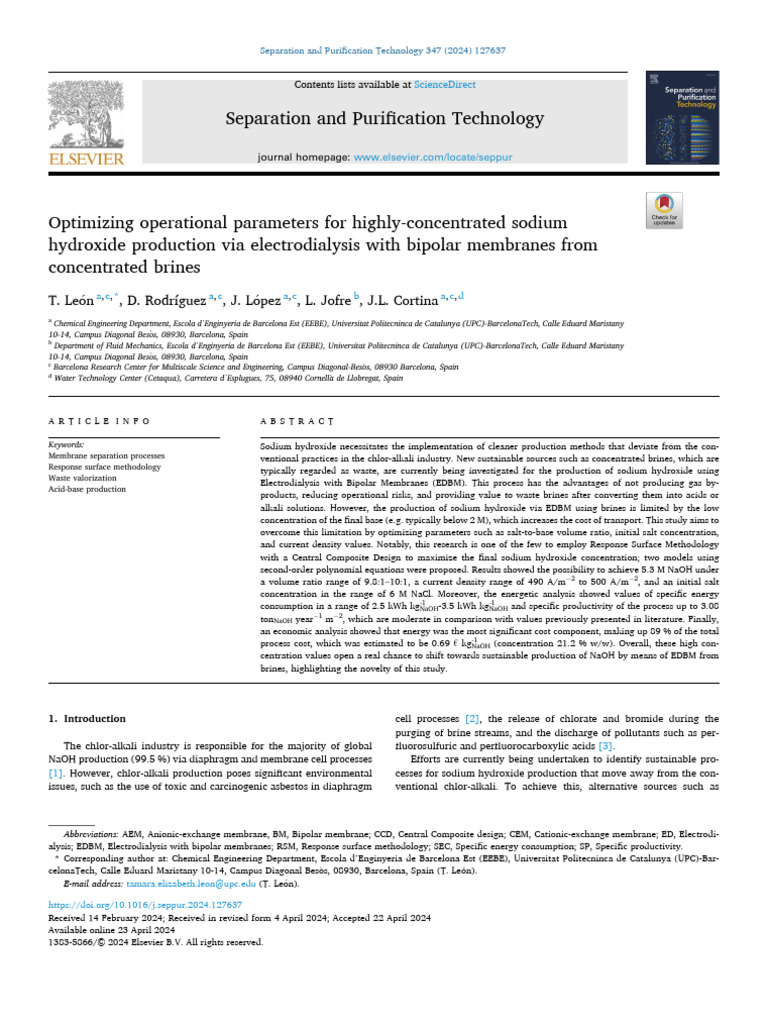 Optimizing Operational Parameters For Highly-Concentrated Sodium Hydroxide Production Via ...