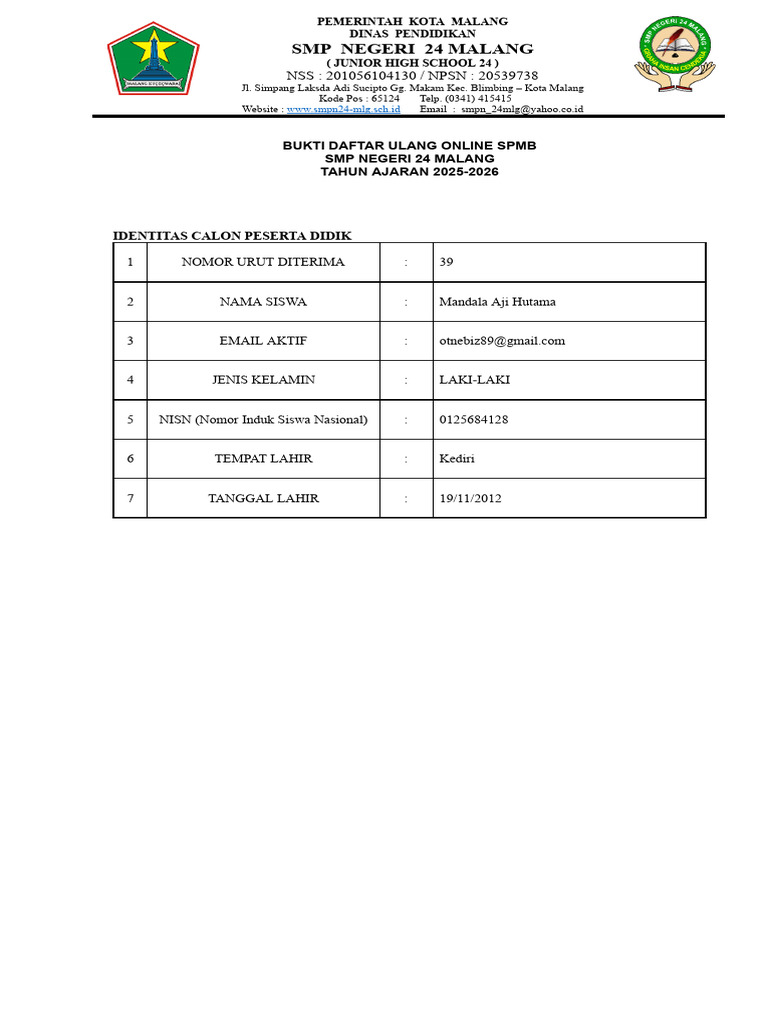 Bukti Formulir SPMB SMPN 24 | PDF