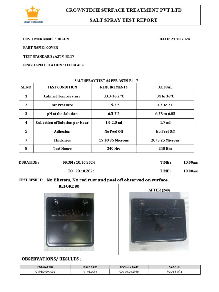 Salt Spray Test Report for Rikun | PDF | Materials | Chemical Processes