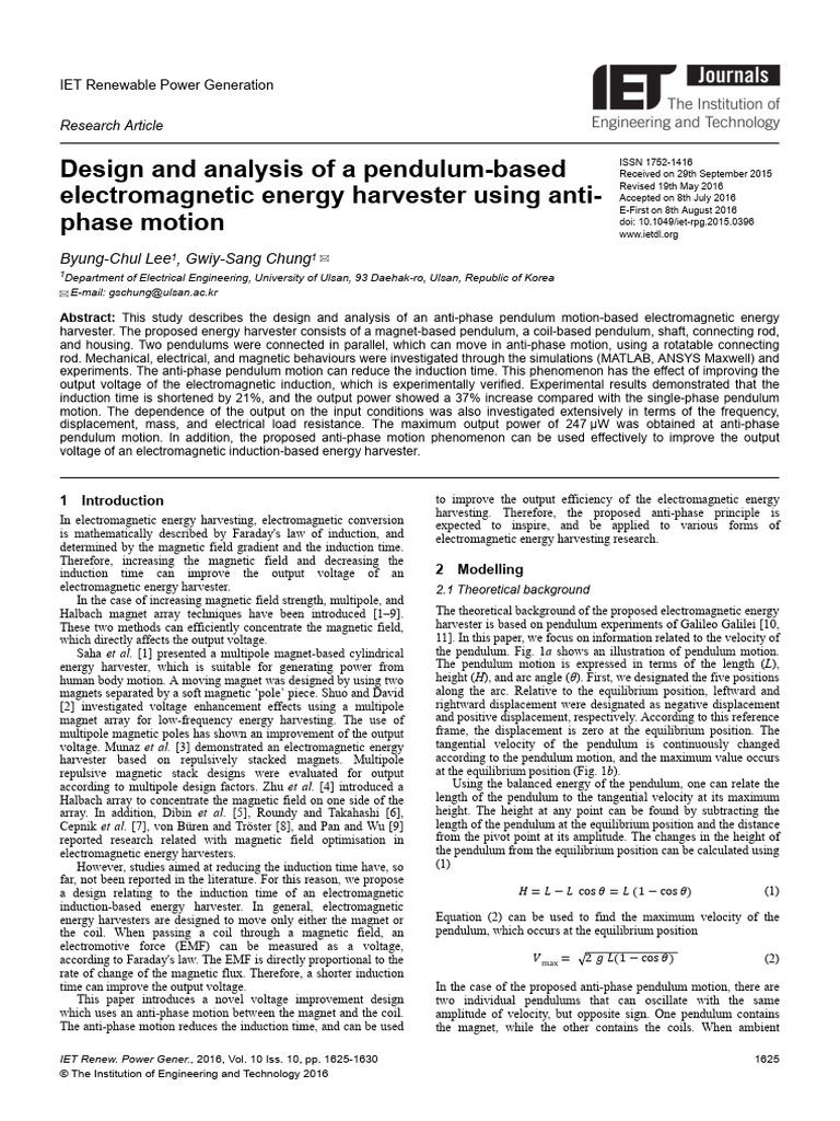Anti-Phase Pendulum Energy Harvester | PDF | Electromagnetic Induction ...