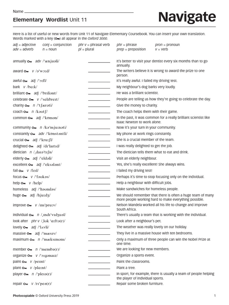 Navigate Elementary Wordlist Unit 11 | PDF | Verb | Adverb