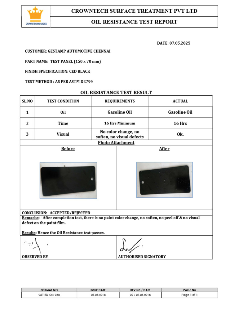 Crowntech Surface Treatment PVT LTD Oil Resistance Test Report | PDF