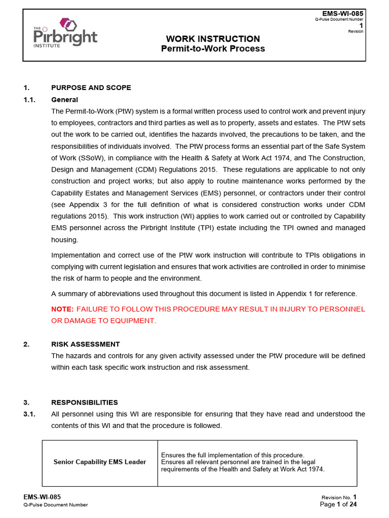 Appendix E4 - EMS-WI-085 v2 Permit To Work WI | PDF | Safety | Occupational Safety And Health