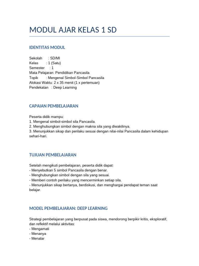 Modul Ajar Simbol Pancasila Kelas 1 | PDF