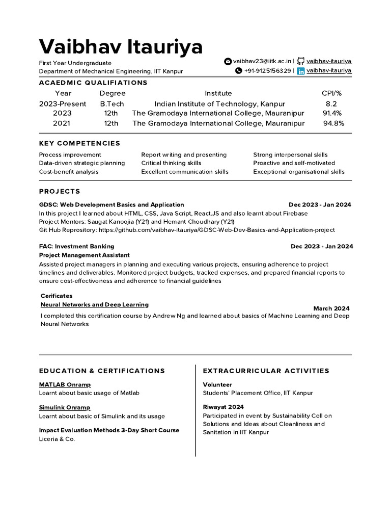IITK Student Profile and Education Summary | PDF