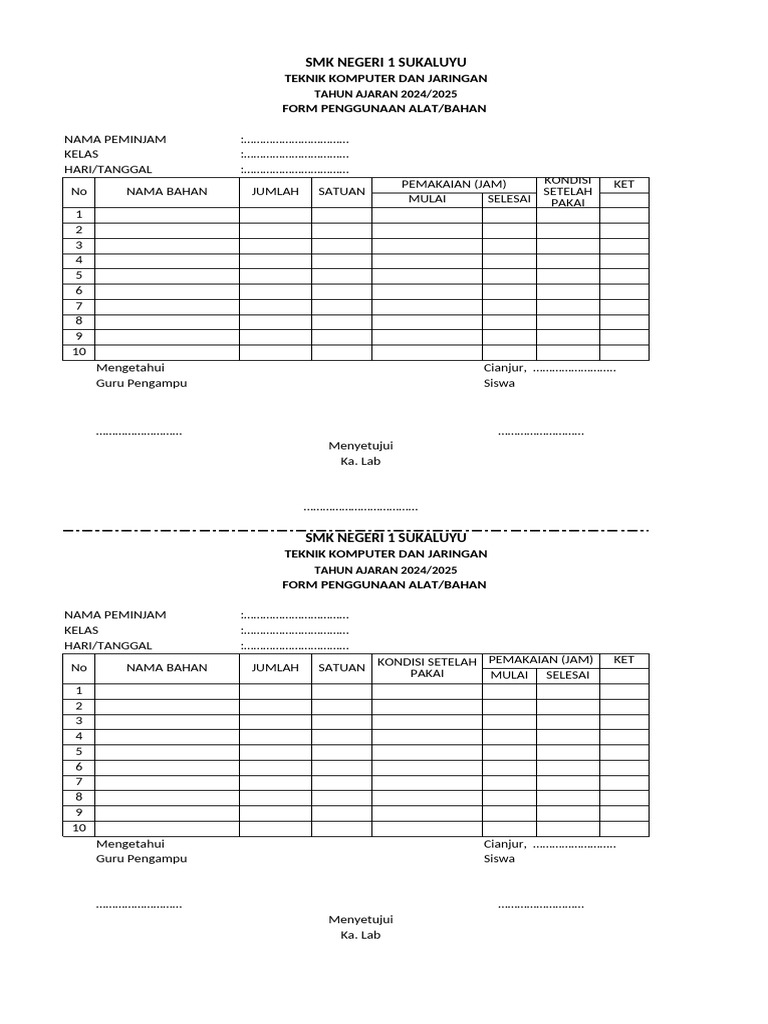Formulir Peminjaman Alat SMK 2024/2025 | PDF