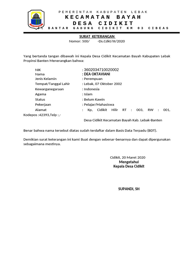 Surat Keterangan BDT | PDF