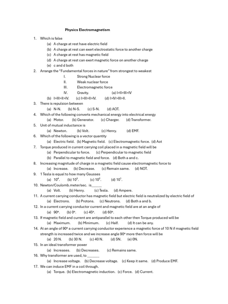 Electromagnetism Concepts and Questions | PDF | Magnetic Field | Force