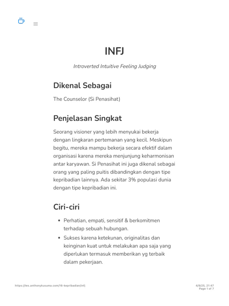 Ciri dan Karakter Kepribadian INFJ | PDF