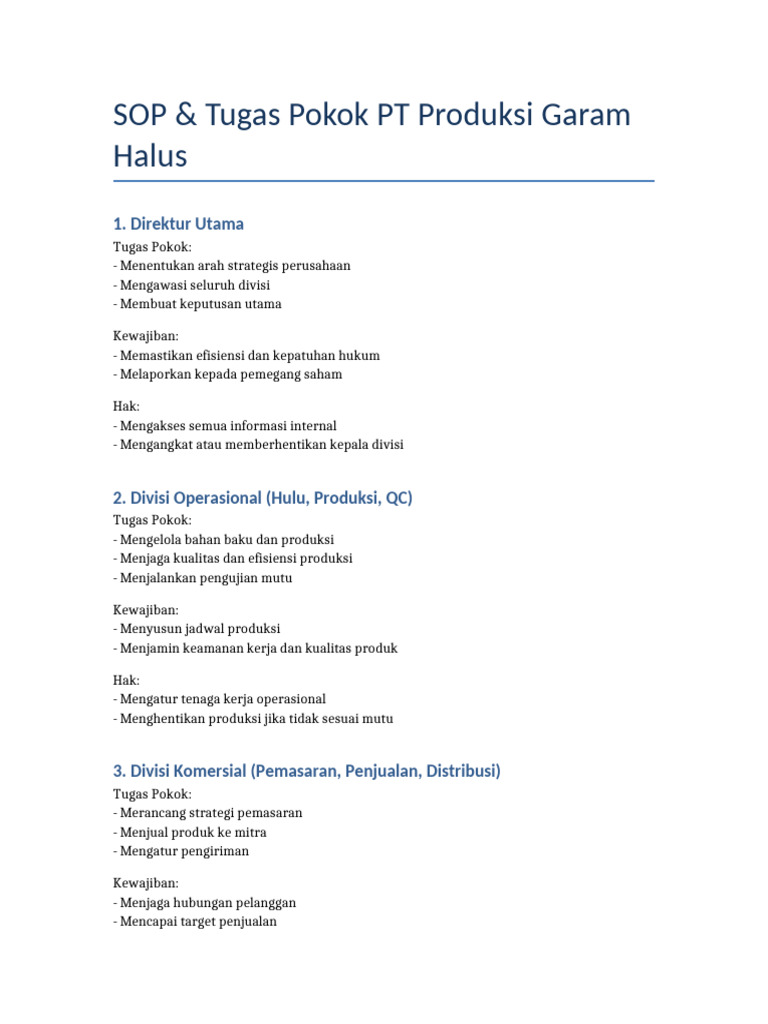 SOP Tugas Pokok PT Produksi Garam Halus | PDF