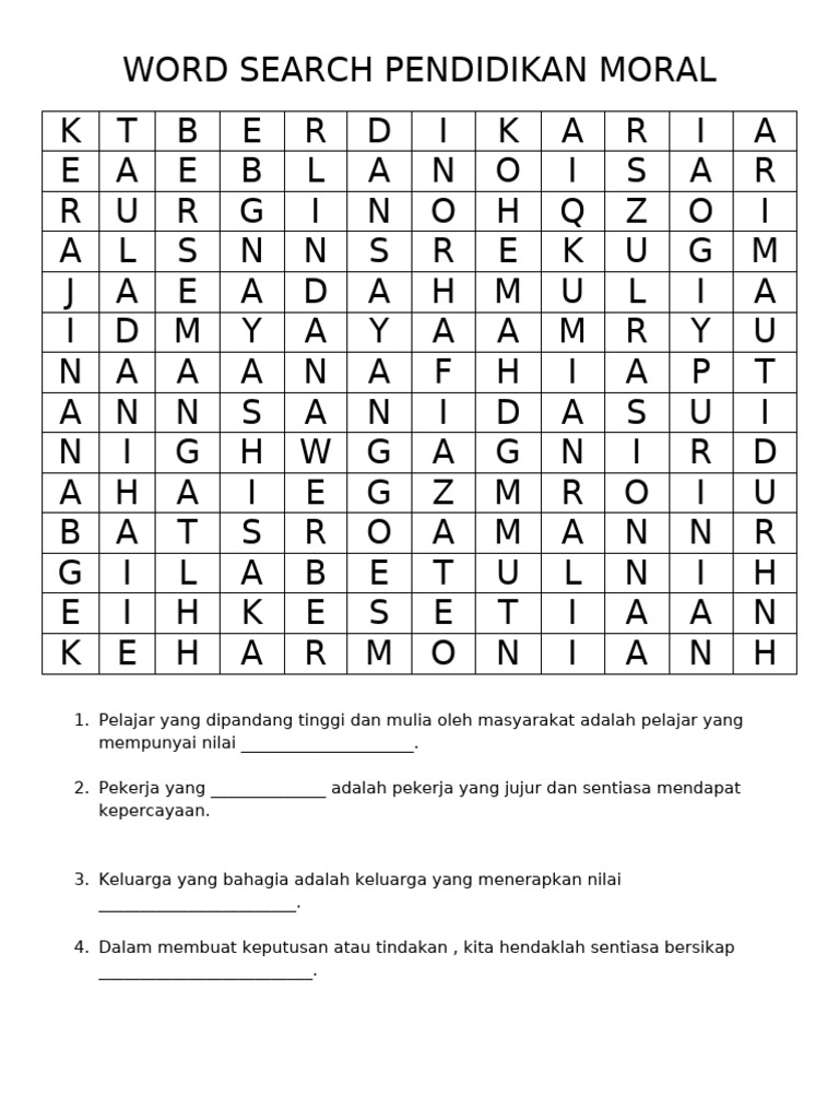 Word Search Pendidikan Moral | PDF