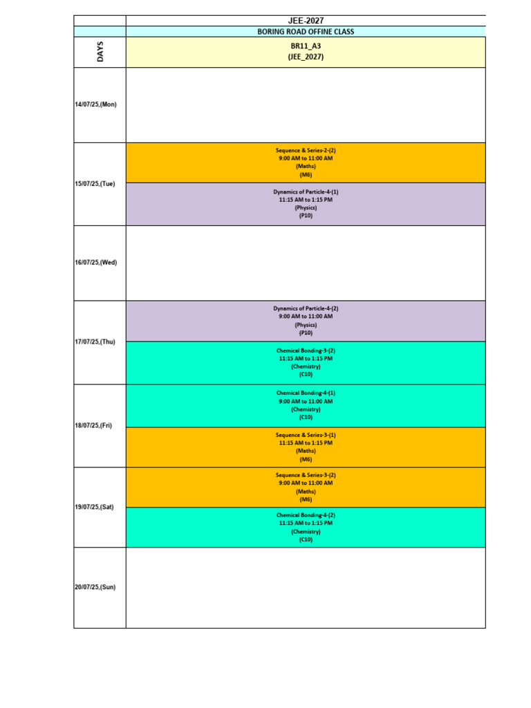 Boring Road Offine Class BR11 - A3 (JEE - 2027) | PDF