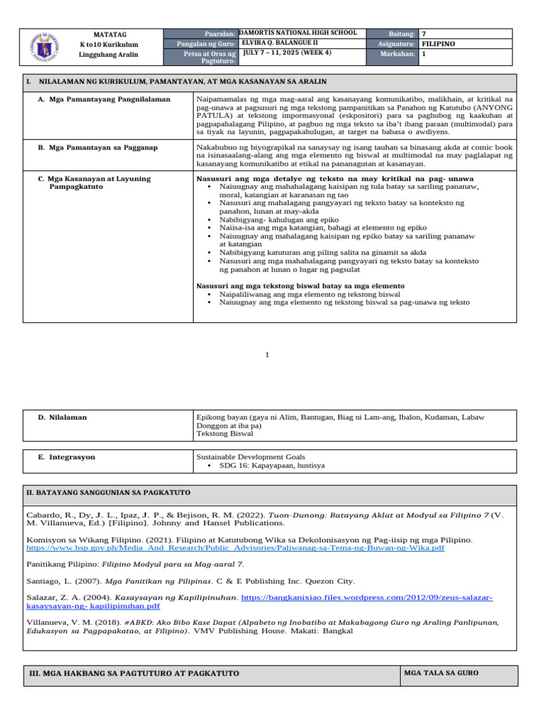 DLL Matatag - Filipino 7 Q1 W4 | PDF