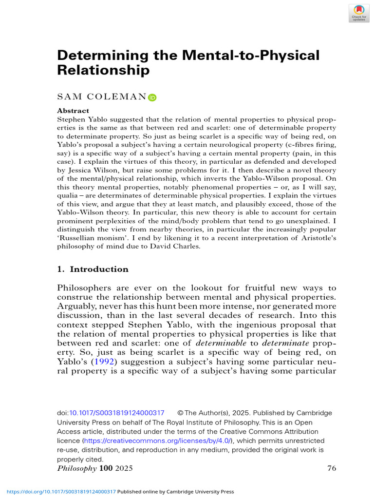 Determining The Mental To Physical Relationship | PDF | Qualia | Causality
