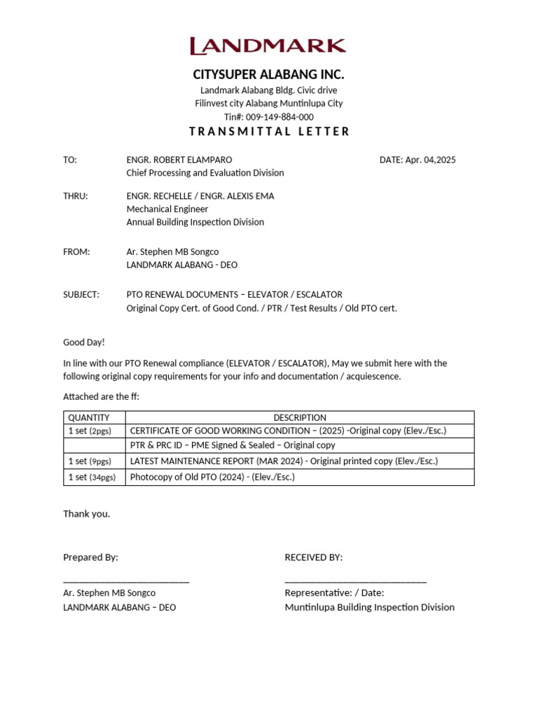 Transmittal Munisipyo PTO Requirements - RENEWAL - ESCALATOR & ELEV. - Original Docs Certogc ...