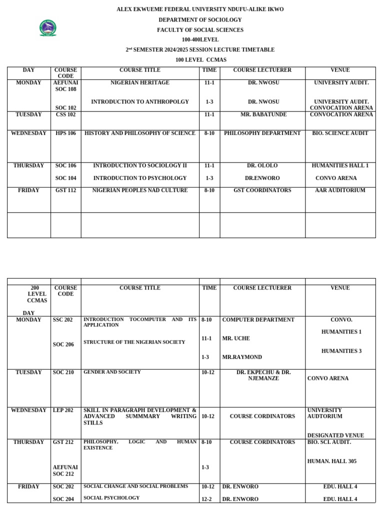 2024 - 2025 Second Semester Lecture Timetable | PDF | Academic Discipline Interactions ...
