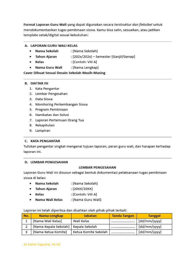 Format Laporan Guru Wali SMP/SMA | PDF