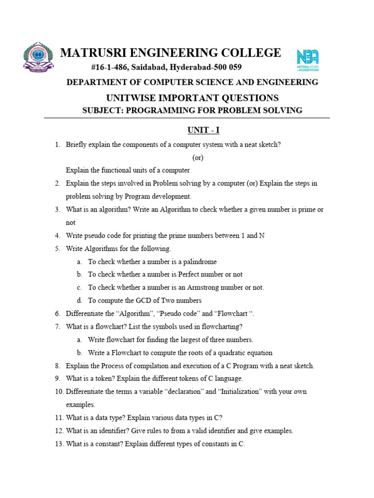 PPS Unitwise Imp Questions | PDF | Computer Program | Programming