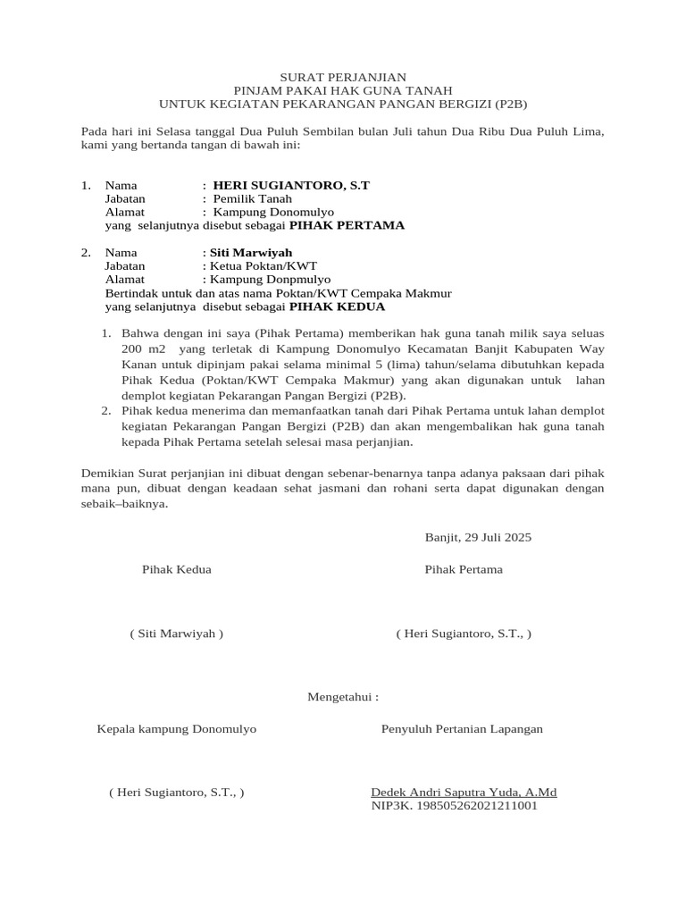 Surat Perjanjian Pinjam Pakai Tanah | PDF