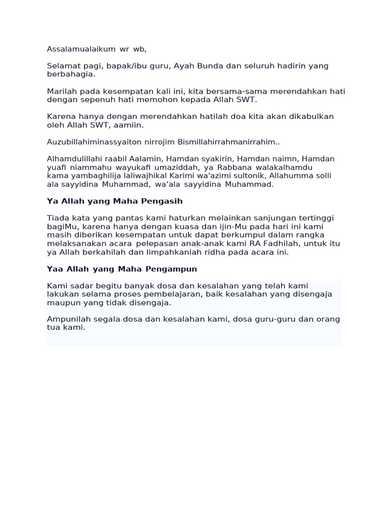 Doa Perpisahan RA | PDF