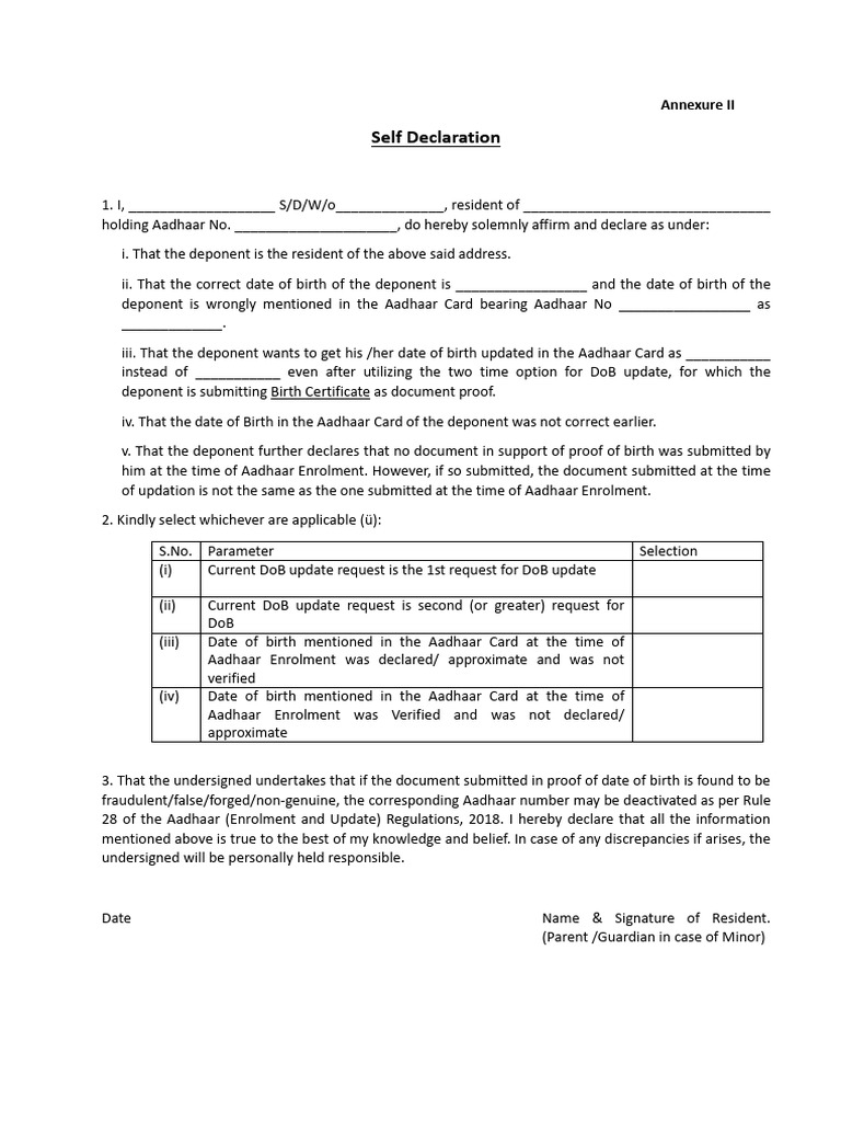 Self Declaration For Aadhar DOB Update | PDF | Law