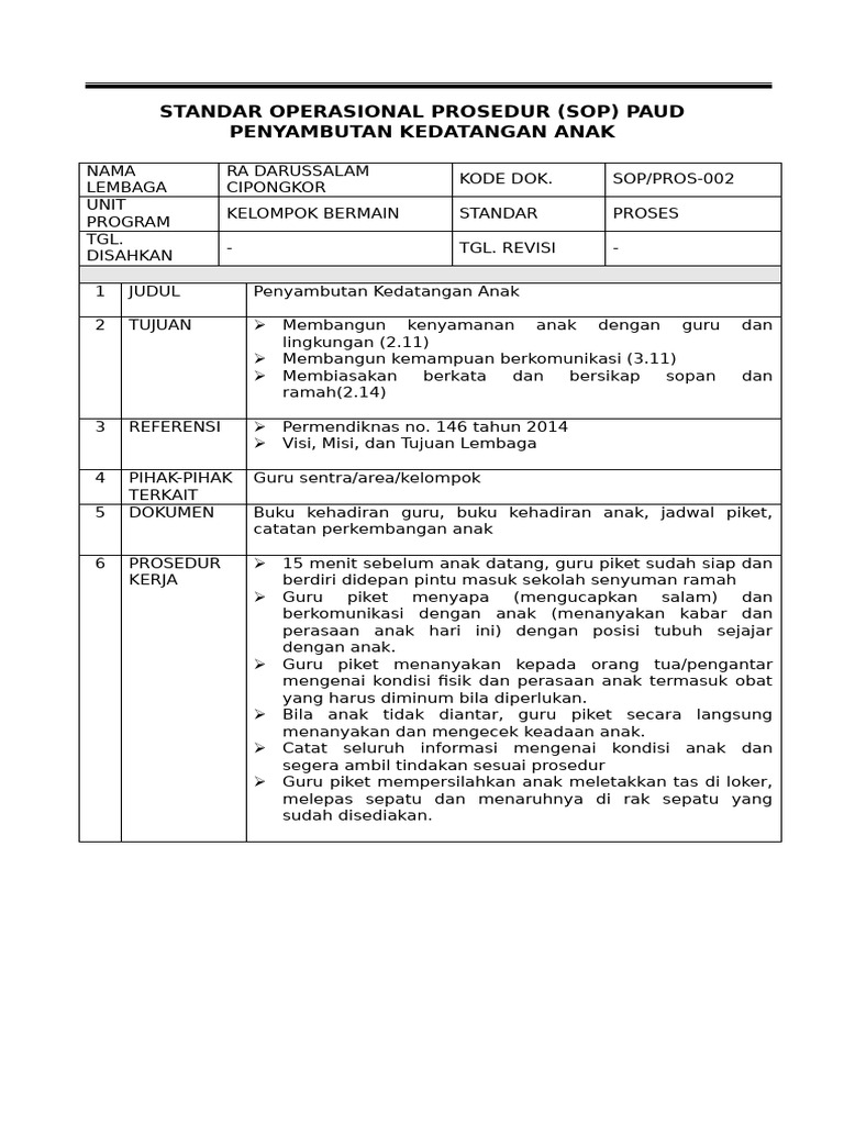 Sop Paud Penyambutan Kedatangan Anak | PDF