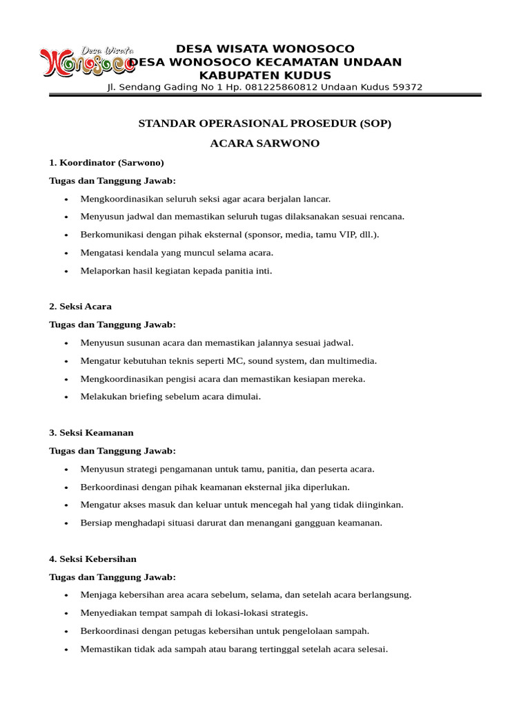 STANDAR OPERASIONAL PROSEDUR SARWONO | PDF