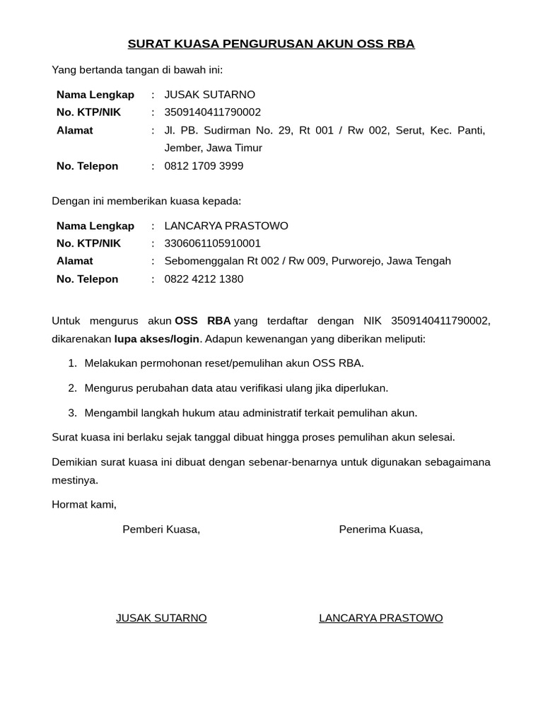 Surat Kuasa Pengurusan Akun Oss Rba | PDF