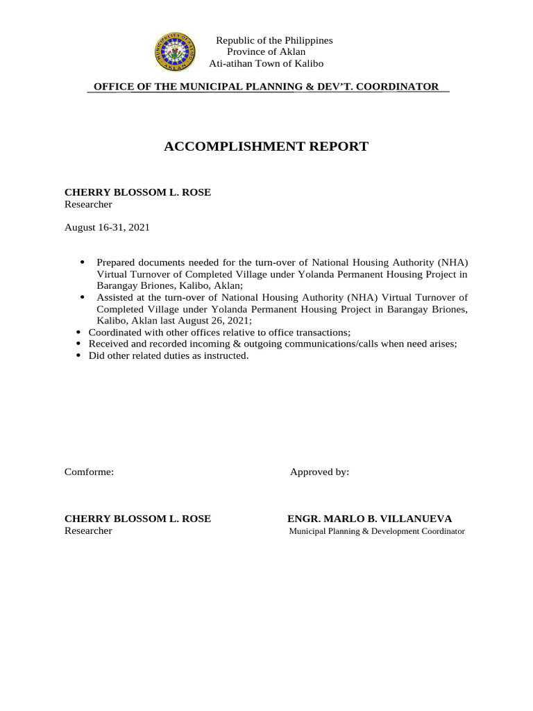 Accomplishment Report August 16-31, 2021 | PDF