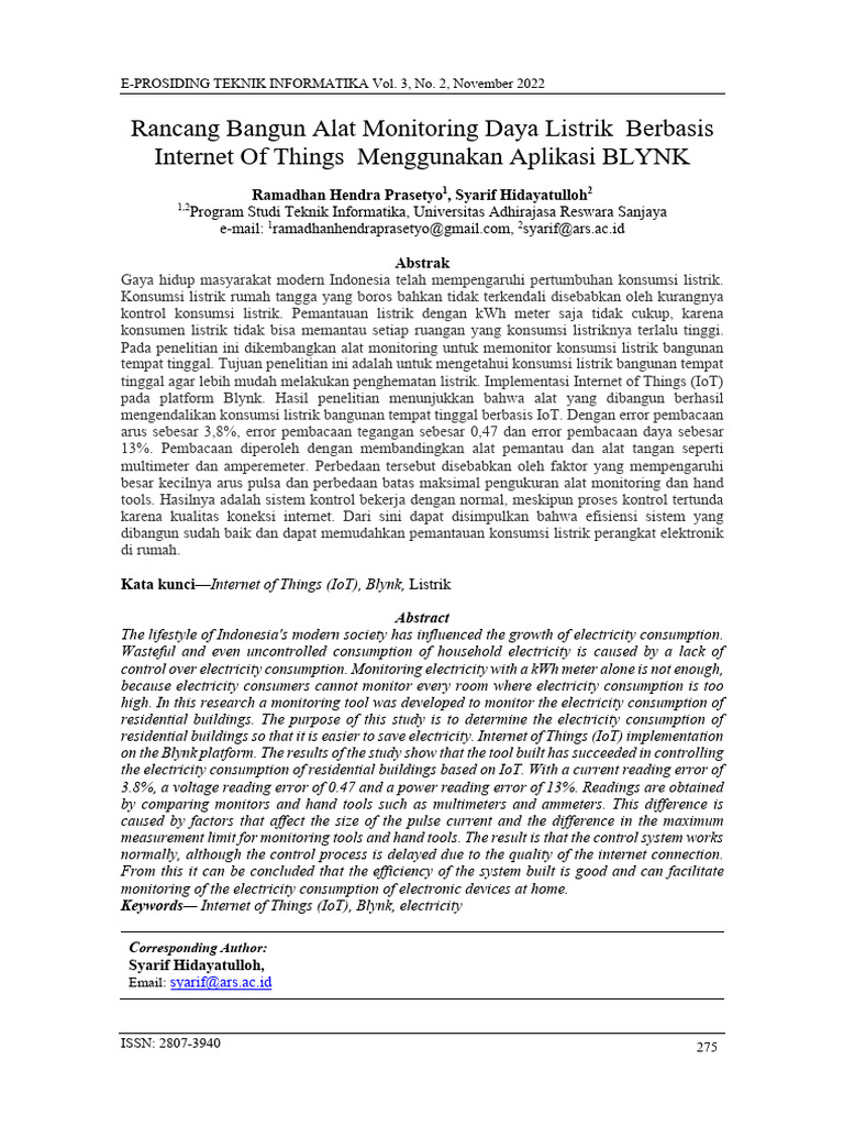 Rancang Bangun Alat Monitoring Daya Listrik Berbasis Internet Of Things Menggunakan Aplikasi
