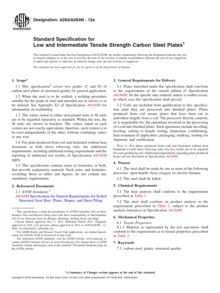 A283/A283M Standard for Carbon Steel Plates | PDF | Structural Steel ...