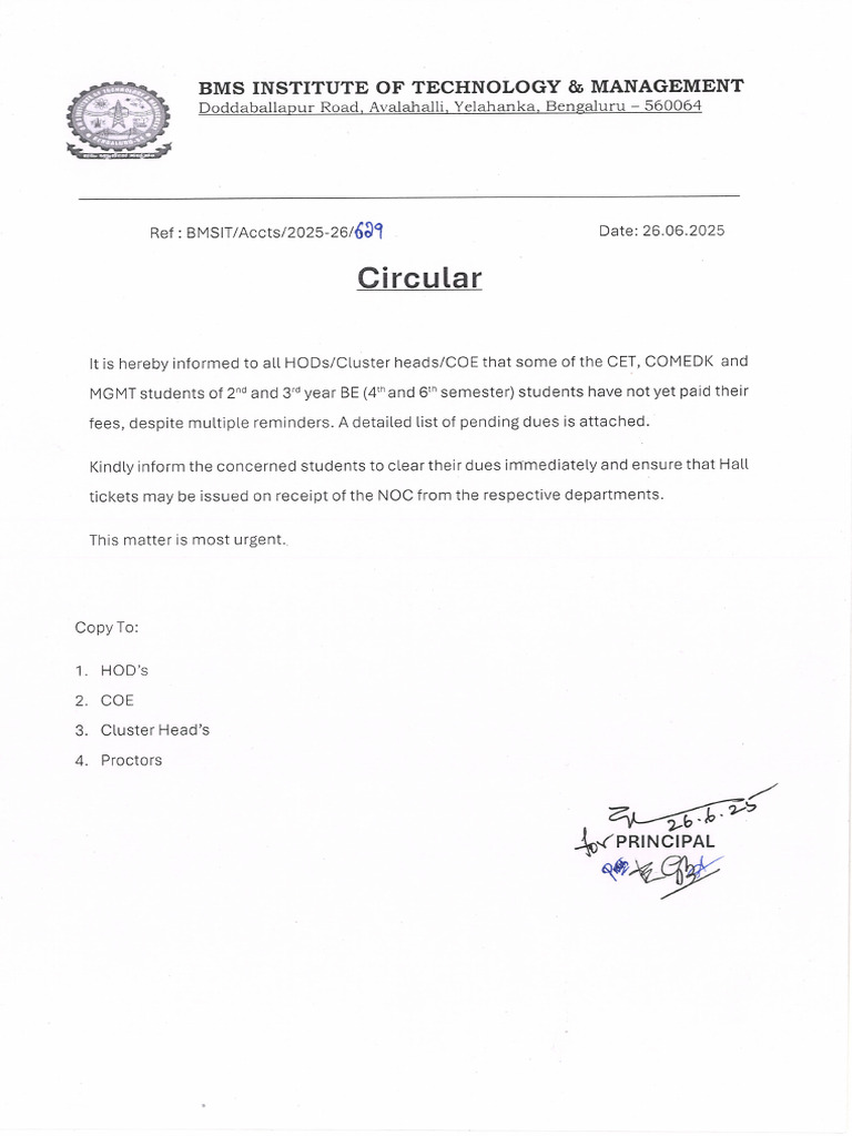 Circular - Fee Due List For 2nd & 3rd Year | PDF