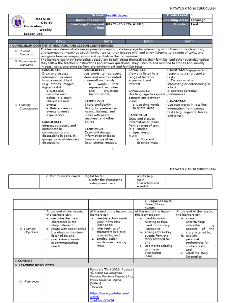 DLL Matatag - Language 1 - Q1 - W6 | PDF | Learning | Curriculum