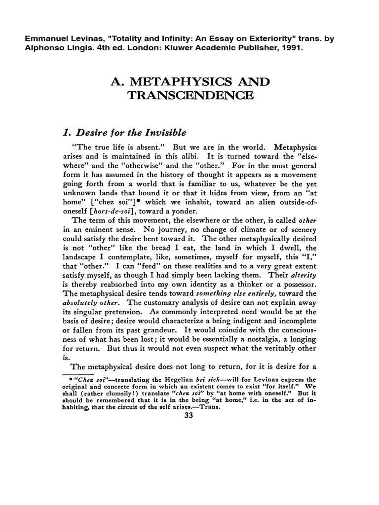 Metaphysics and Desire in Levinas | PDF | Truth | Existence