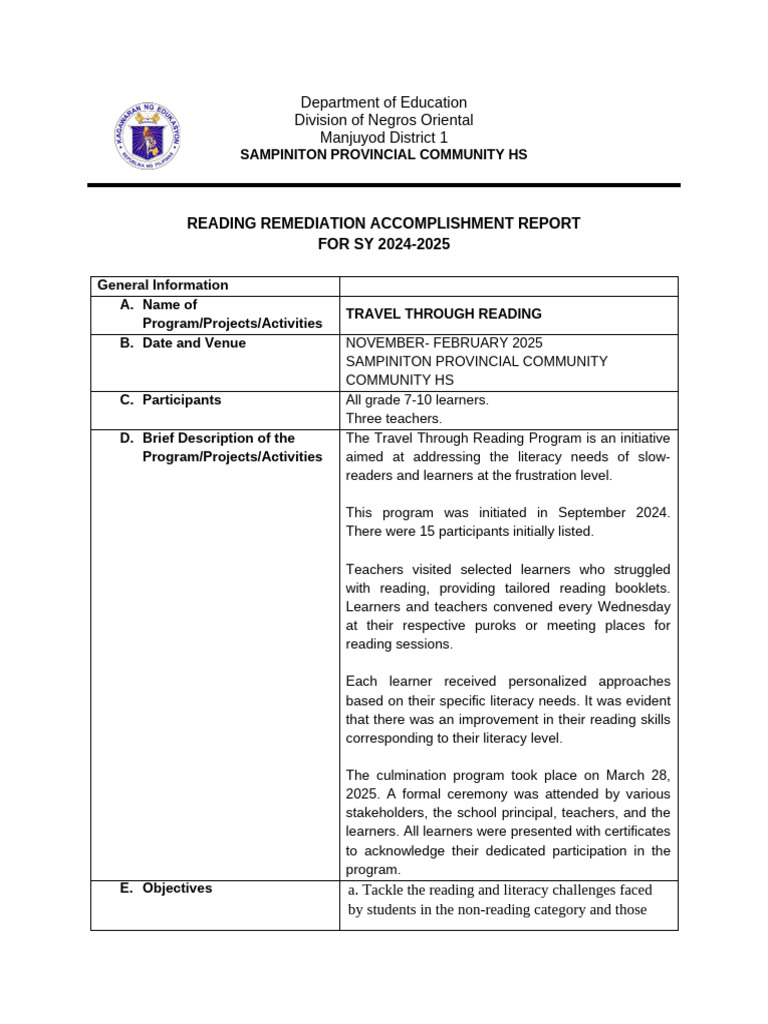 Remedial Reading Accomplishment Report | PDF | Literacy | Reading (Process)